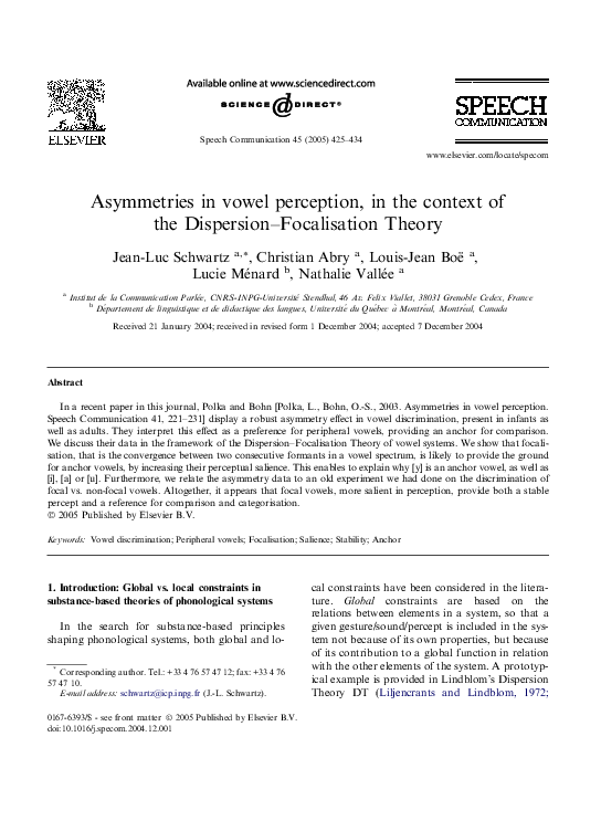 (PDF) Asymmetries in vowel perception, in the context of the Dispersion ...