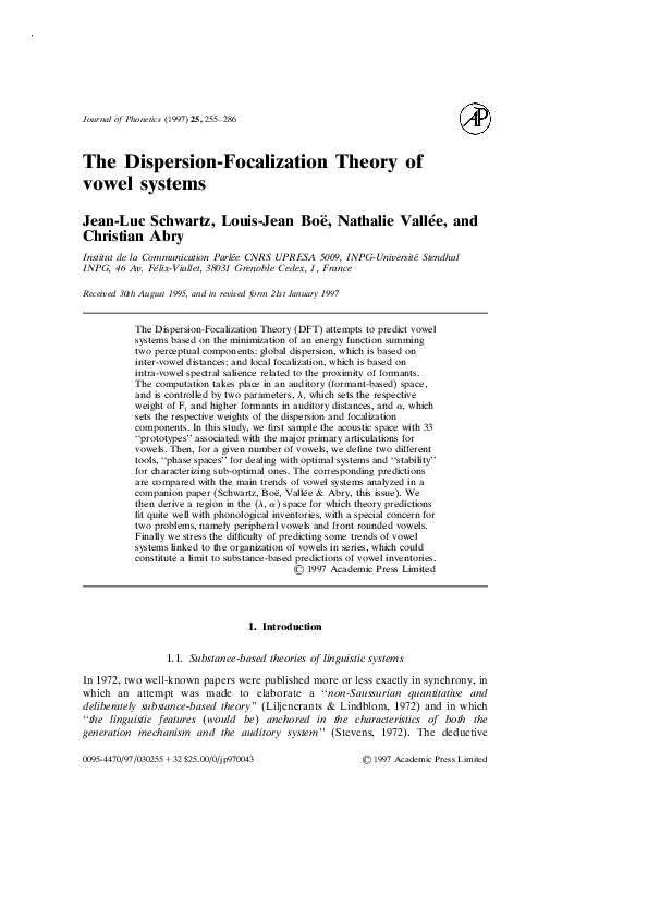 (PDF) The Dispersion-Focalization Theory of vowel systems