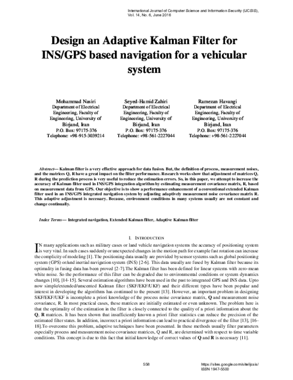Pdf Design An Adaptive Kalman Filter For Ins Gps Based Navigation For A Vehicular System