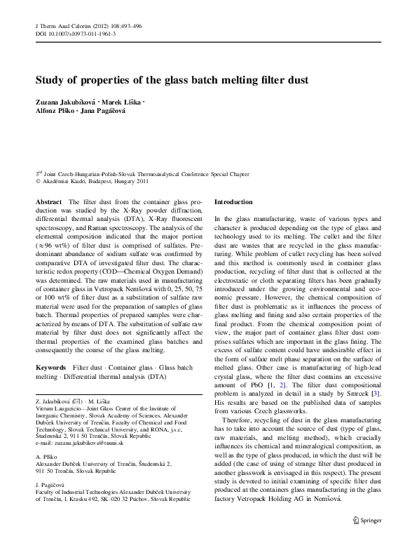 (PDF) Study of properties of the glass batch melting filter dust