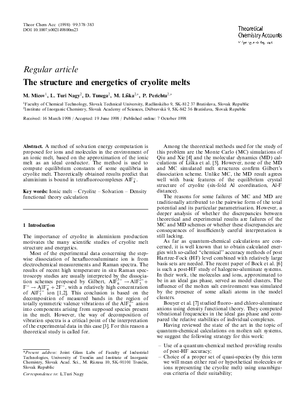 (PDF) The structure and energetics of cryolite melts