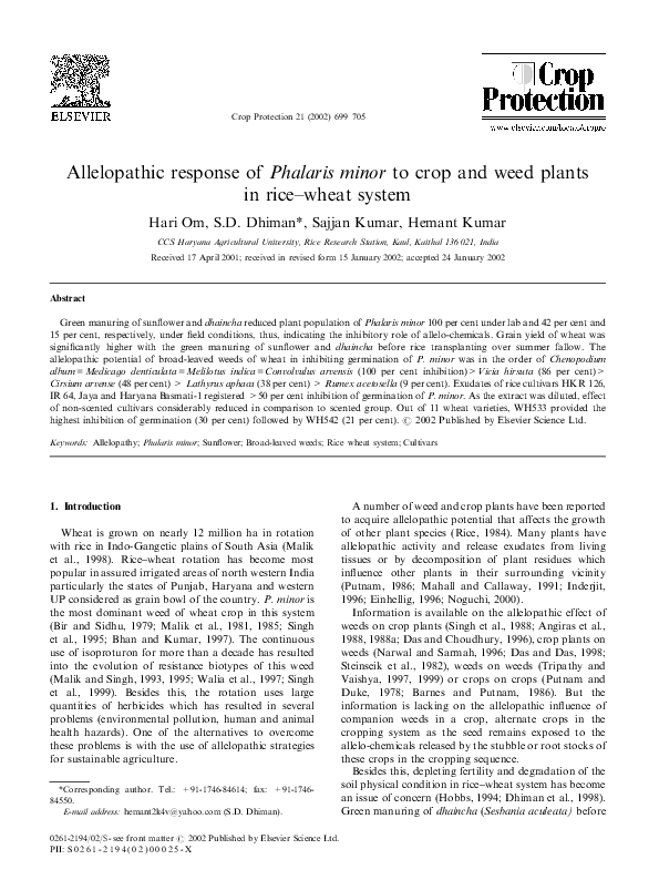 (PDF) Allelopathic response of Phalaris minor to crop and weed plants ...