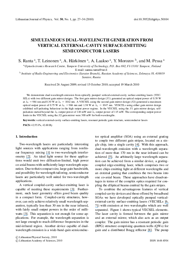 (PDF) Simultaneous dual-wavelength generation from vertical external-cavity surface-emitting ...