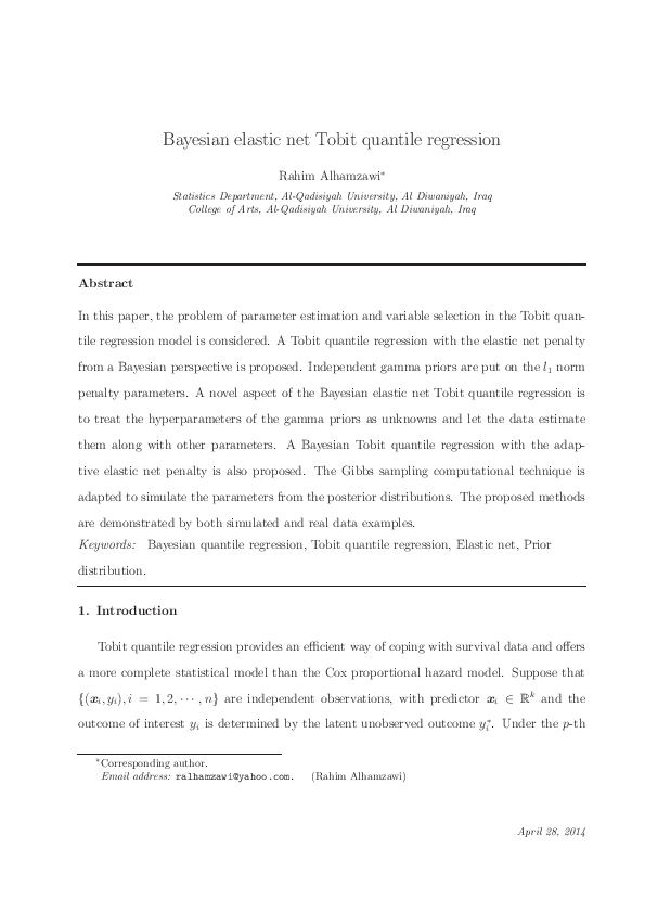 Pdf Bayesian Elastic Net Tobit Quantile Regression
