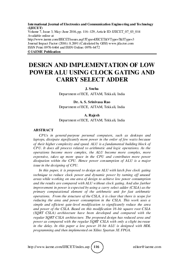 Pdf Design And Implementation Of Low Power Alu Using Clock Gating And Carry Select Adder
