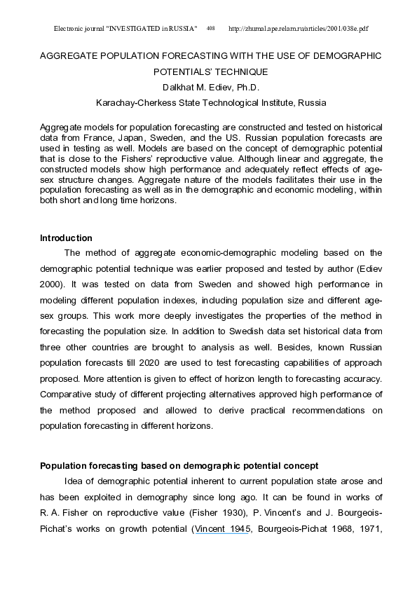 (PDF) Aggregate population forecasting with the use of demographic ...
