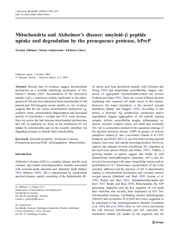 (PDF) Mitochondria and Alzheimer’s disease: amyloid-β peptide uptake ...