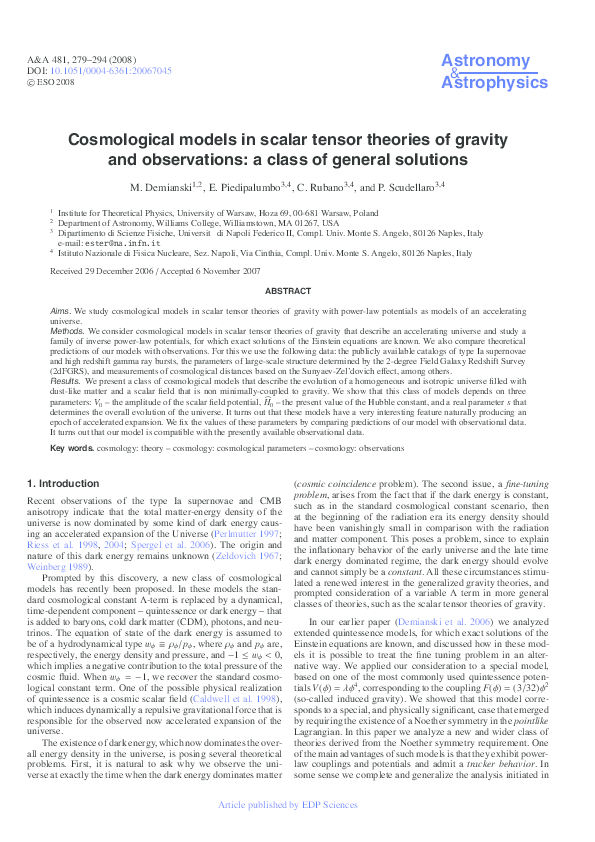 Pdf Cosmological Models In Scalar Tensor Theories Of Gravity And Observations A Class Of