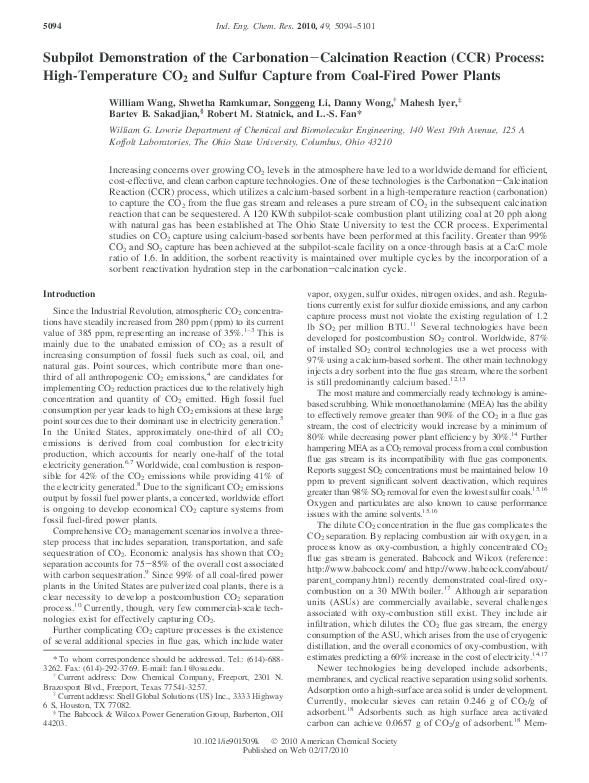 (PDF) Subpilot Demonstration of the Carbonation−Calcination Reaction ...