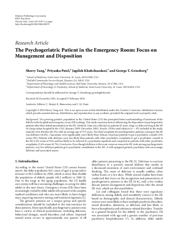 (PDF) The Psychogeriatric Patient in the Emergency Room: Focus on ...
