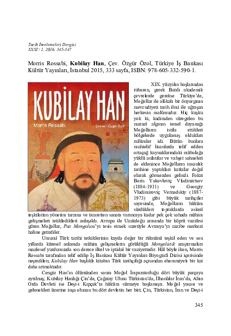 (PDF) Morris Rossabi, Kubilay Han, Tarih İncelemeleri Dergisi, XXXI/1 ...