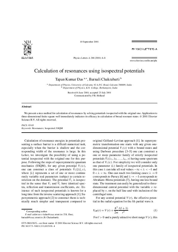 (PDF) Calculation of resonances using isospectral potentials