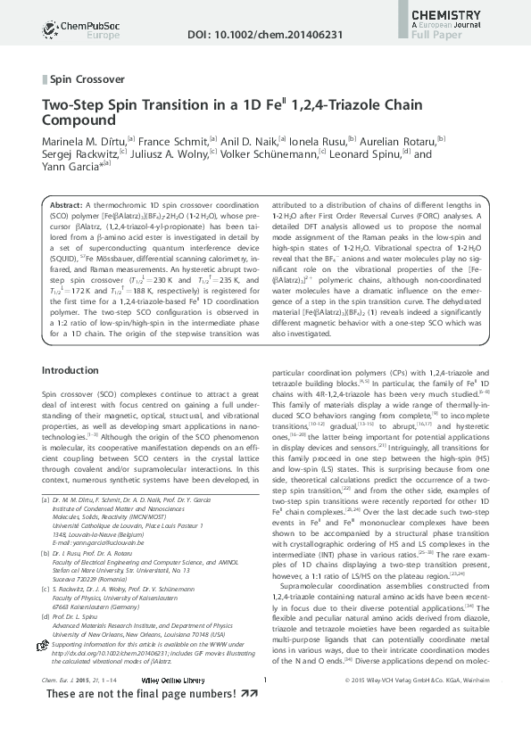 (PDF) Two-Step Spin Transition in a 1D Fe II 1,2,4-Triazole Chain Compound