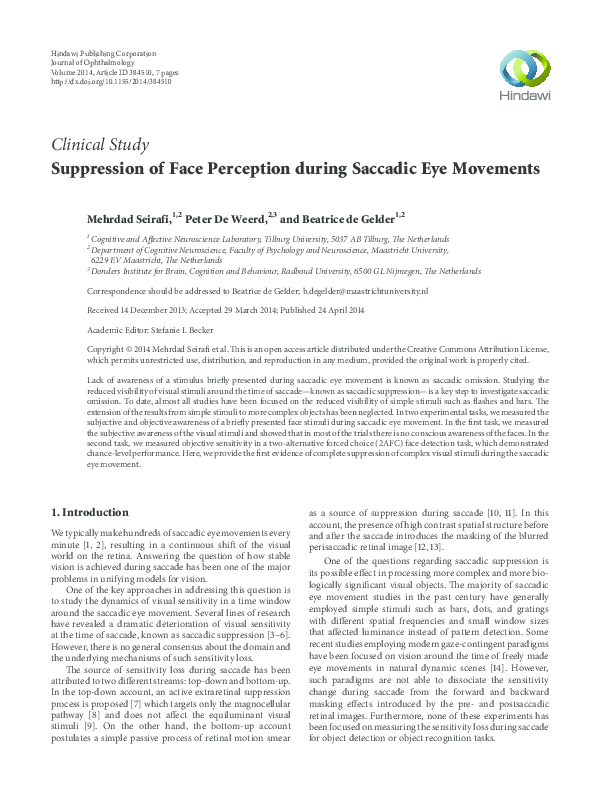Pdf Suppression Of Face Perception During Saccadic Eye Movements Beatrice De Gelder