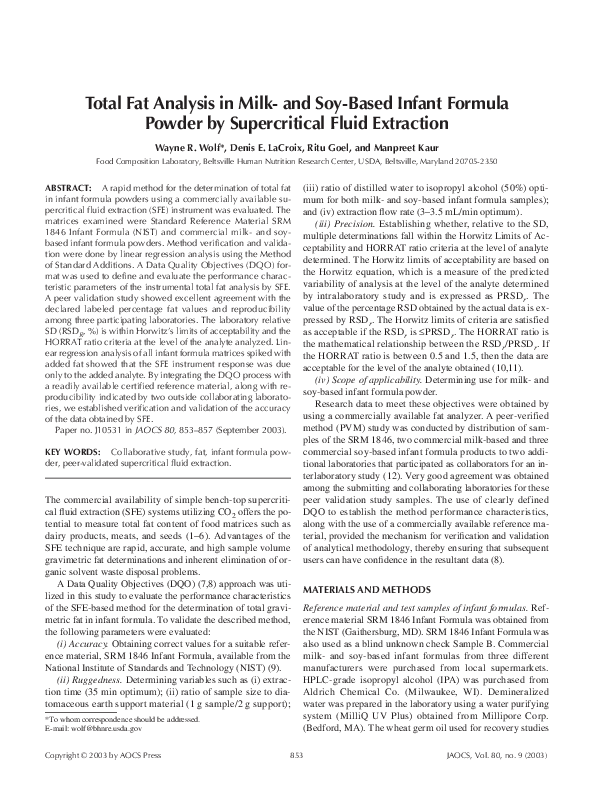 (PDF) Total fat analysis in milk- and soy-based infant formula powder ...