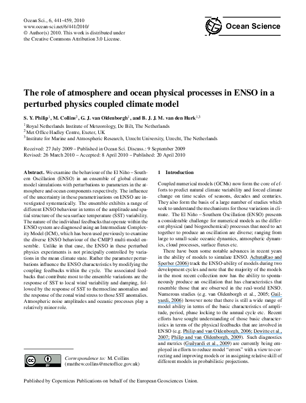 (PDF) The role of atmosphere and ocean physical processes in ENSO ...