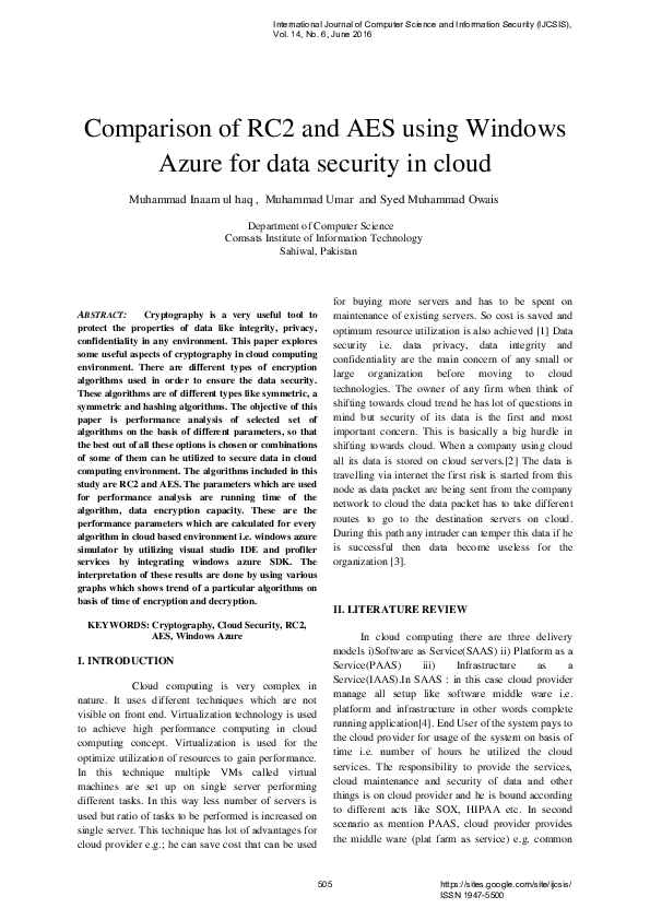 (PDF) Comparison of RC2 and AES using Windows Azure for data security ...