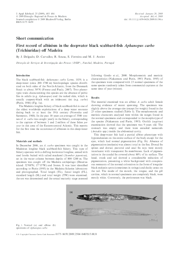 (PDF) First record of albinism in the deepwater black scabbard-fish ...