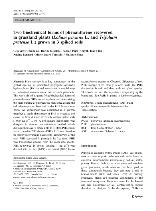 (PDF) Two biochemical forms of phenanthrene recovered in grassland plants (Lolium perenne L. and ...