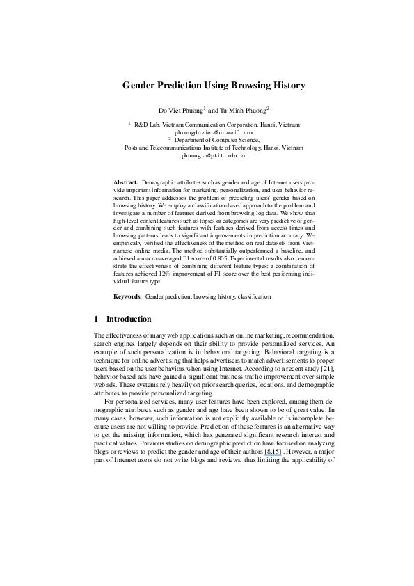 (PDF) Gender Prediction Using Browsing History