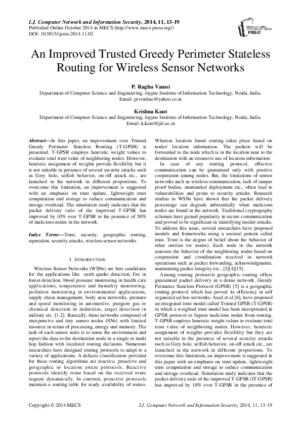 Pdf An Improved Trusted Greedy Perimeter Stateless Routing For Wireless Sensor Networks