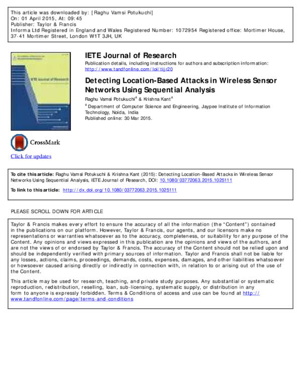 Pdf Detecting Location Based Attacks In Wireless Sensor Networks Using Sequential Analysis