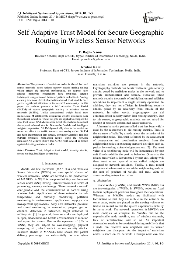 Pdf Adaptive Trust Model For Secure Geographic Routing In Wireless Sensor Networks