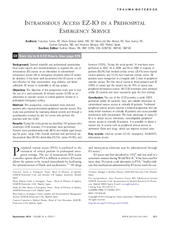 (PDF) Intraosseous Access EZ-IO in a Prehospital Emergency Service