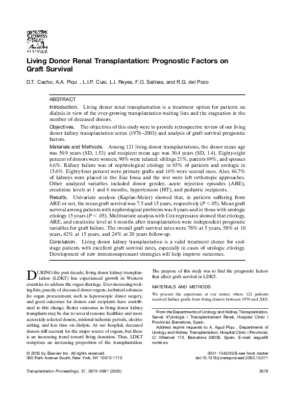 (PDF) Living Donor Renal Transplantation: Prognostic Factors on Graft Survival
