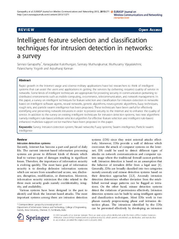 Pdf Intelligent Feature Selection And Classification Techniques For Intrusion Detection In