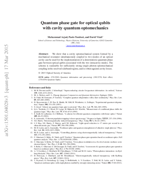 (PDF) Quantum phase gate for optical qubits with cavity quantum ...