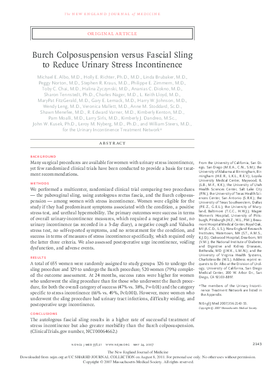 (PDF) Burch Colposuspension versus Fascial Sling to Reduce Urinary ...