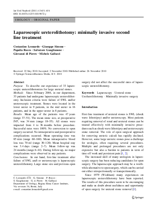 (PDF) Laparoscopic ureterolithotomy: minimally invasive second line ...