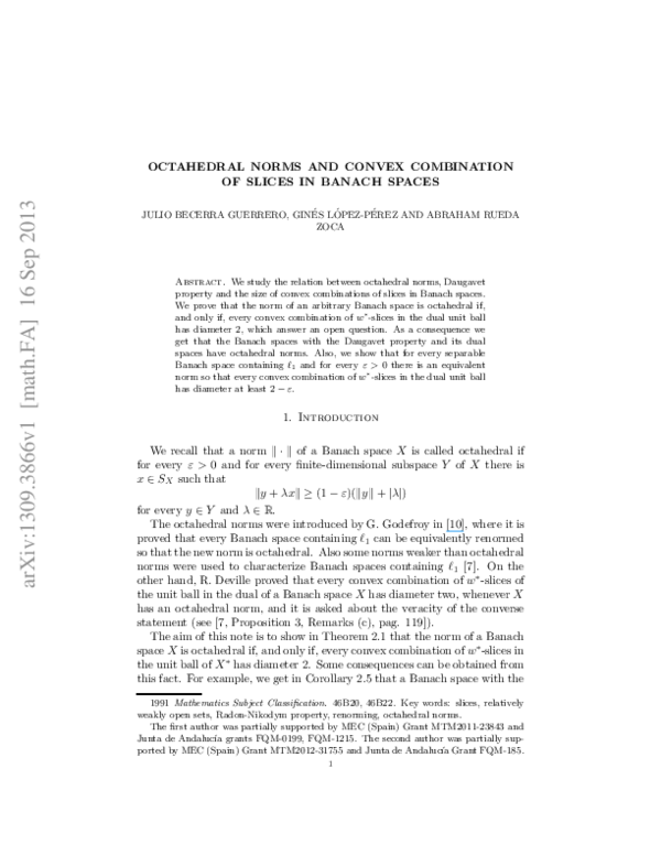 Pdf Octahedral Norms And Convex Combination Of Slices In Banach Spaces