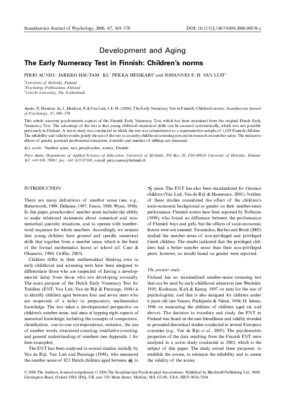 (PDF) The Early Numeracy Test in Finnish: Children's norms