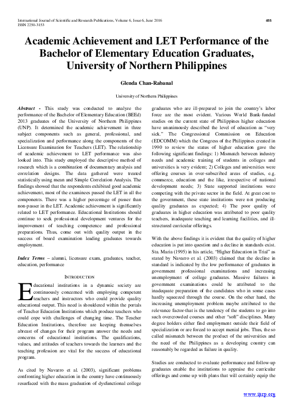 (PDF) Academic Achievement and LET Performance of the Bachelor of ...