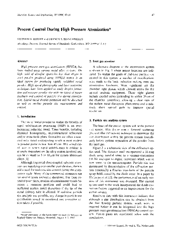 (PDF) Process Control During High Pressure Atomization