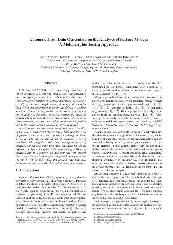 Pdf Automated Test Data Generation On The Analyses Of Feature Models A Metamorphic Testing