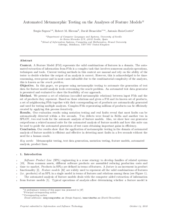 Pdf Automated Metamorphic Testing On The Analyses Of Feature Models David Benavides