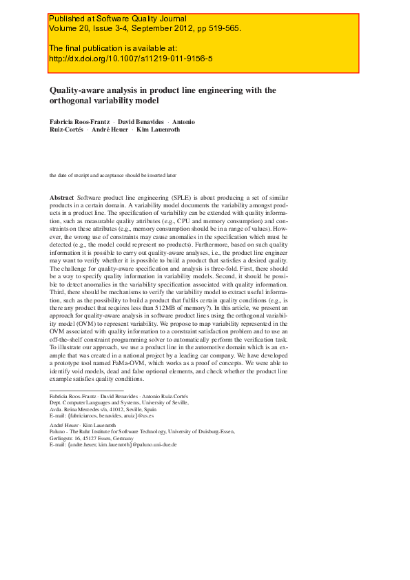 Pdf Quality Aware Analysis In Product Line Engineering With The Orthogonal Variability Model