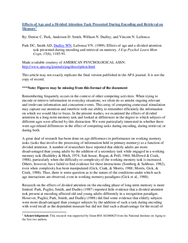 (PDF) Effects of age and a divided attention task presented during encoding and retrieval on memory