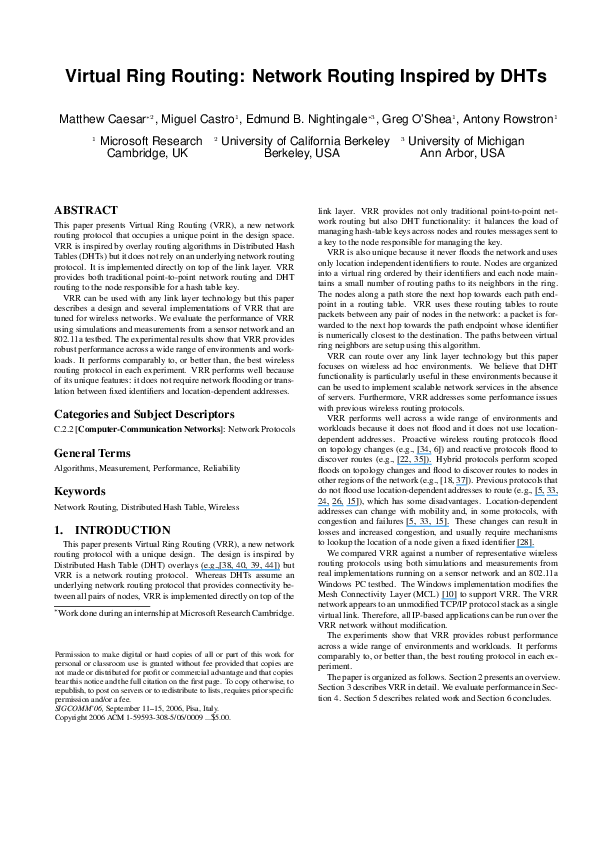 (PDF) Virtual ring routing: network routing inspired by DHTs