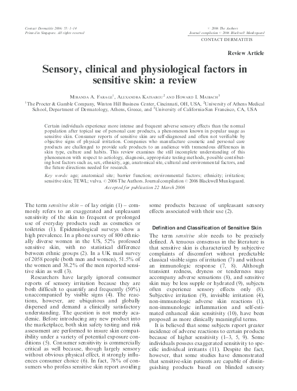 (PDF) Sensory, clinical and physiological factors in sensitive skin: a ...