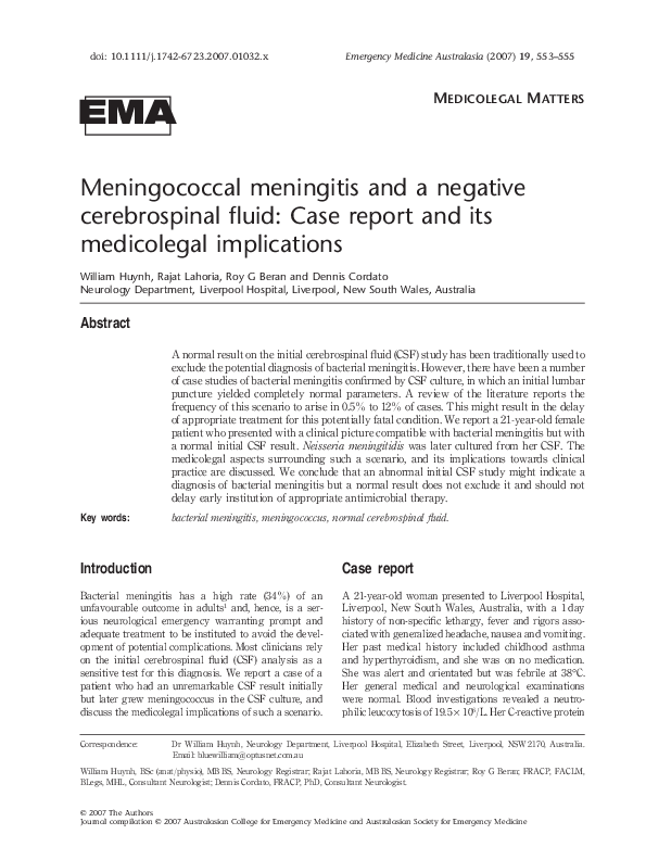 (PDF) Meningococcal meningitis and a negative cerebrospinal fluid: Case ...
