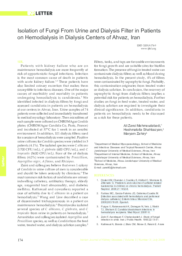 (PDF) Isolation of fungi from urine and dialysis filter in patients on ...