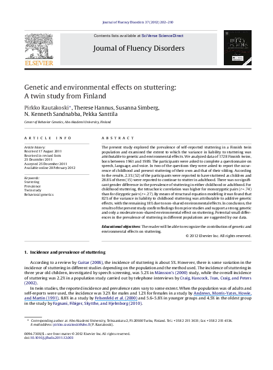 (PDF) Genetic and environmental effects on stuttering: A twin study ...