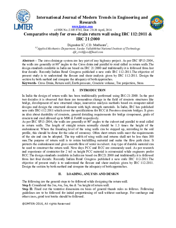 (PDF) Comparative study for cross-drain return wall using IRC 112:2011 & IRC 21:2000