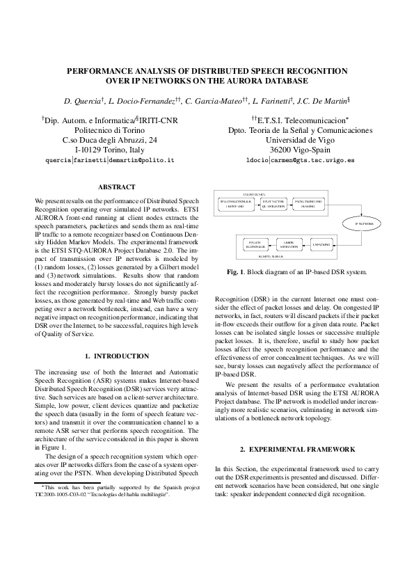 Pdf Performance Analysis Of Distributed Speech Recognition Over Ip Networks On The Aurora Database
