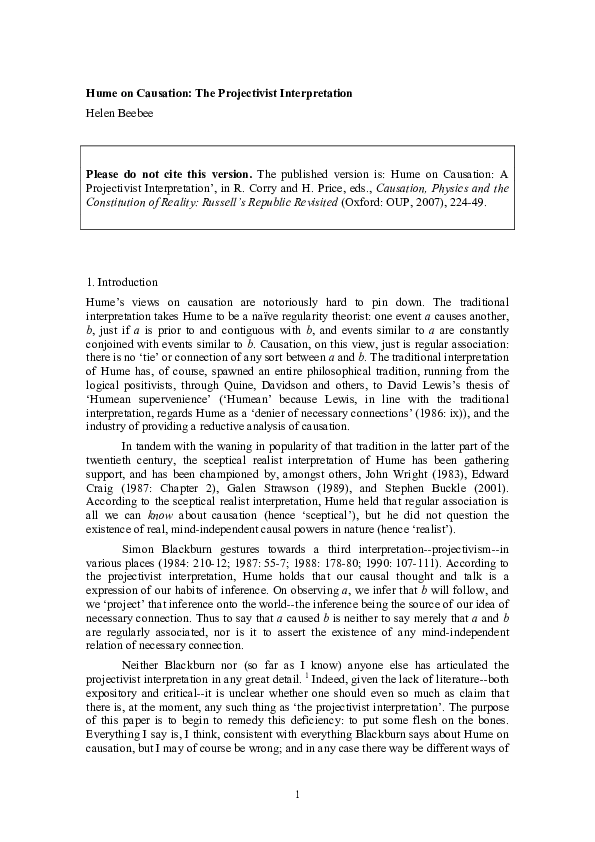 (PDF) Hume on Causation: The Projectivist Interpretation