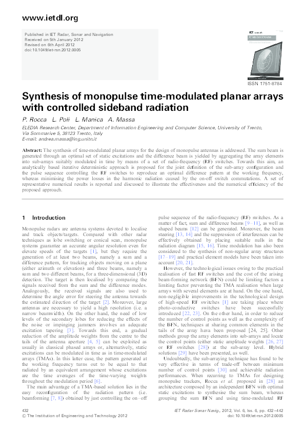 (PDF) Synthesis of monopulse time-modulated planar arrays with controlled sideband radiation